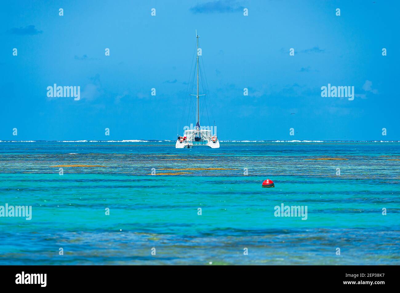 Catamaran sailing boat anchored over the coral reef and its turquoise ...