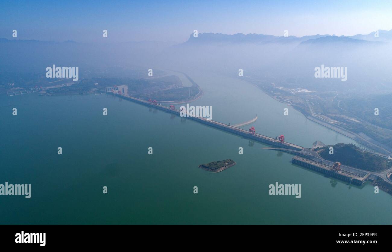 An aerial view of Three Gorges Dam, water level of whose reservoir ...
