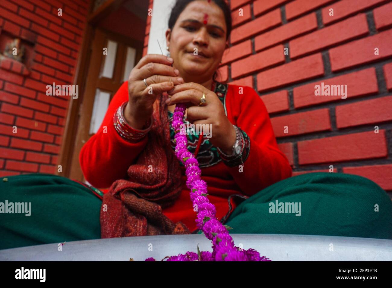 A woman makes garland from the globe amaranth flowers for the upcoming ...