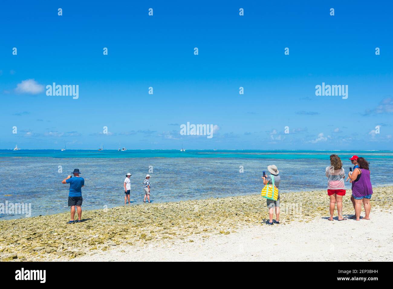 Tourists on a day trip taking pictures from the beach of Lady Musgrave ...