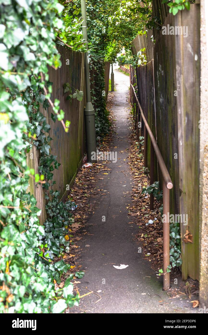 Narrow footpath with a metal handrail between fences, London, England ...