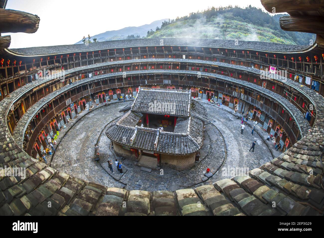 The inside view of inclined pillars and rooms of Yuchang building in ...
