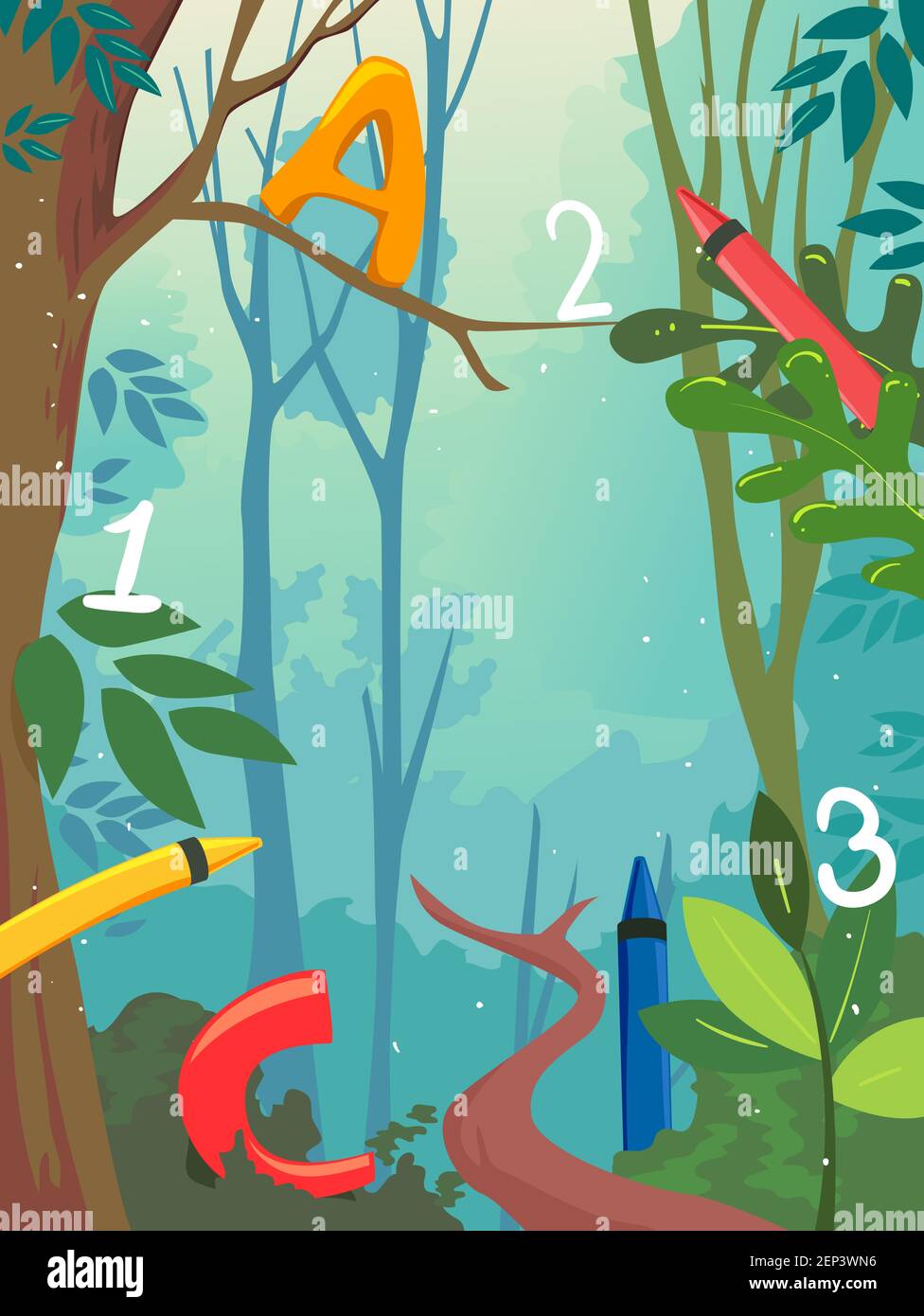 Illustration of ABC and 123 with Crayons in the Forest Stock Photo - Alamy