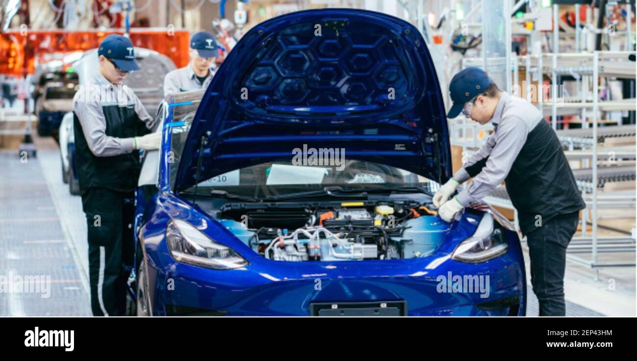 The assembly line of Tesla Shanghai gigafactory in Shanghai, China on ...