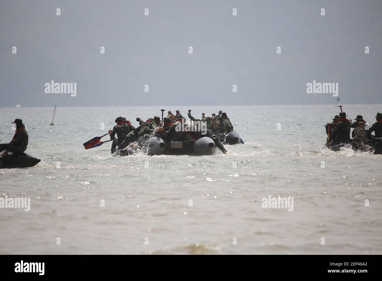 Indonesian Marines take part in the rowing competition on the 74th ...