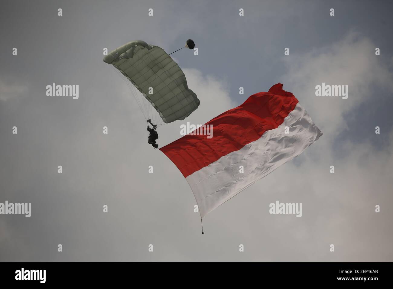 An Indonesian Army Marines seen parachuting on 74th Marine Anniversary ...