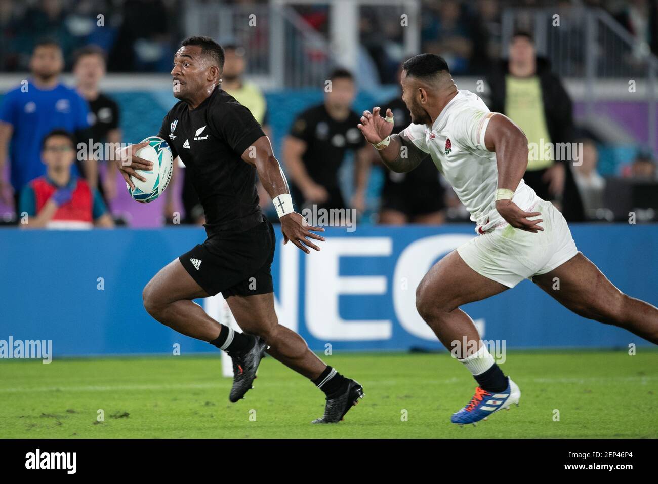 Sevu Reece of New Zealand runs with the ball during the Rugby World Cup ...