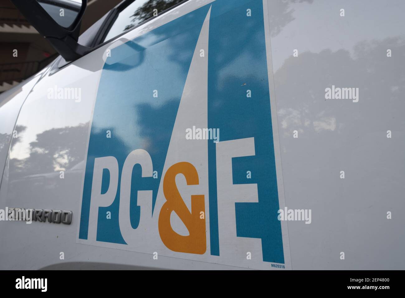 PG&E logo is seen on a service vehicle in Burlingame, California on ...