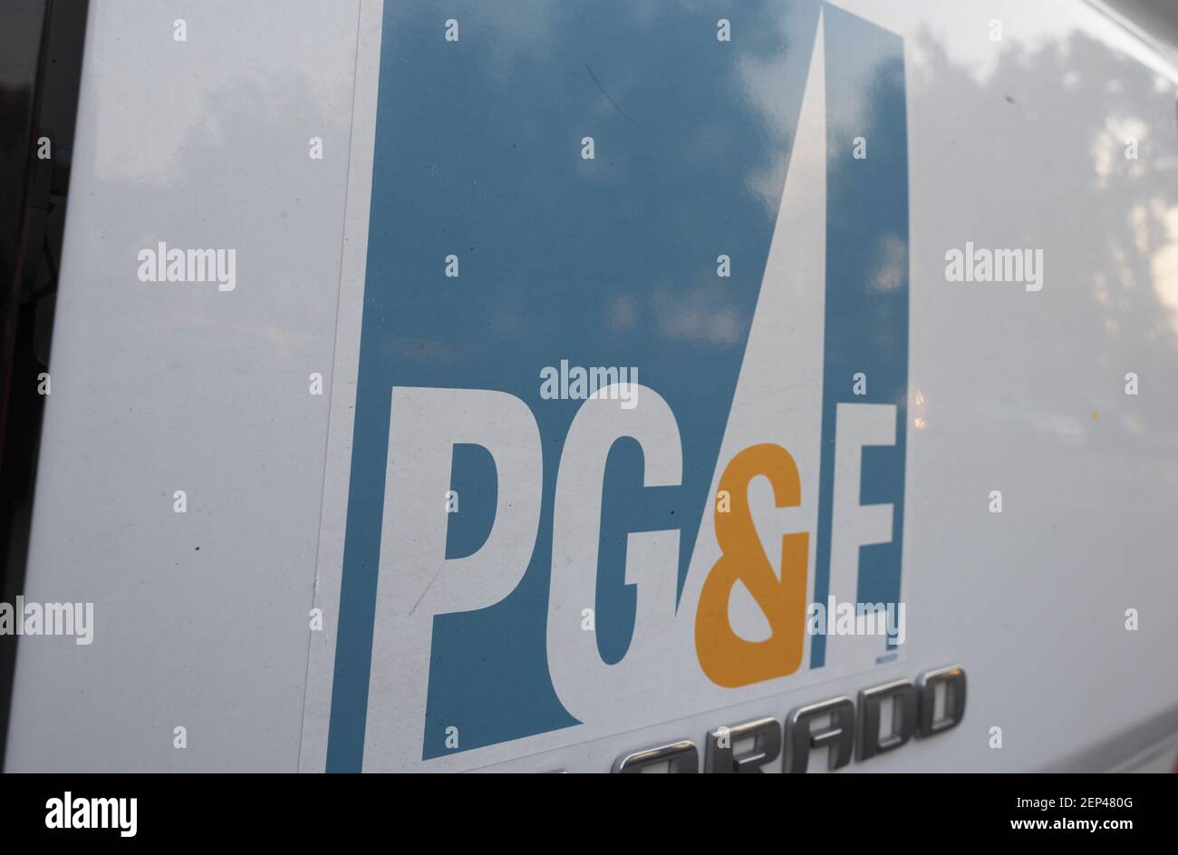 PG&E logo is seen on a service vehicle in Burlingame, California on ...