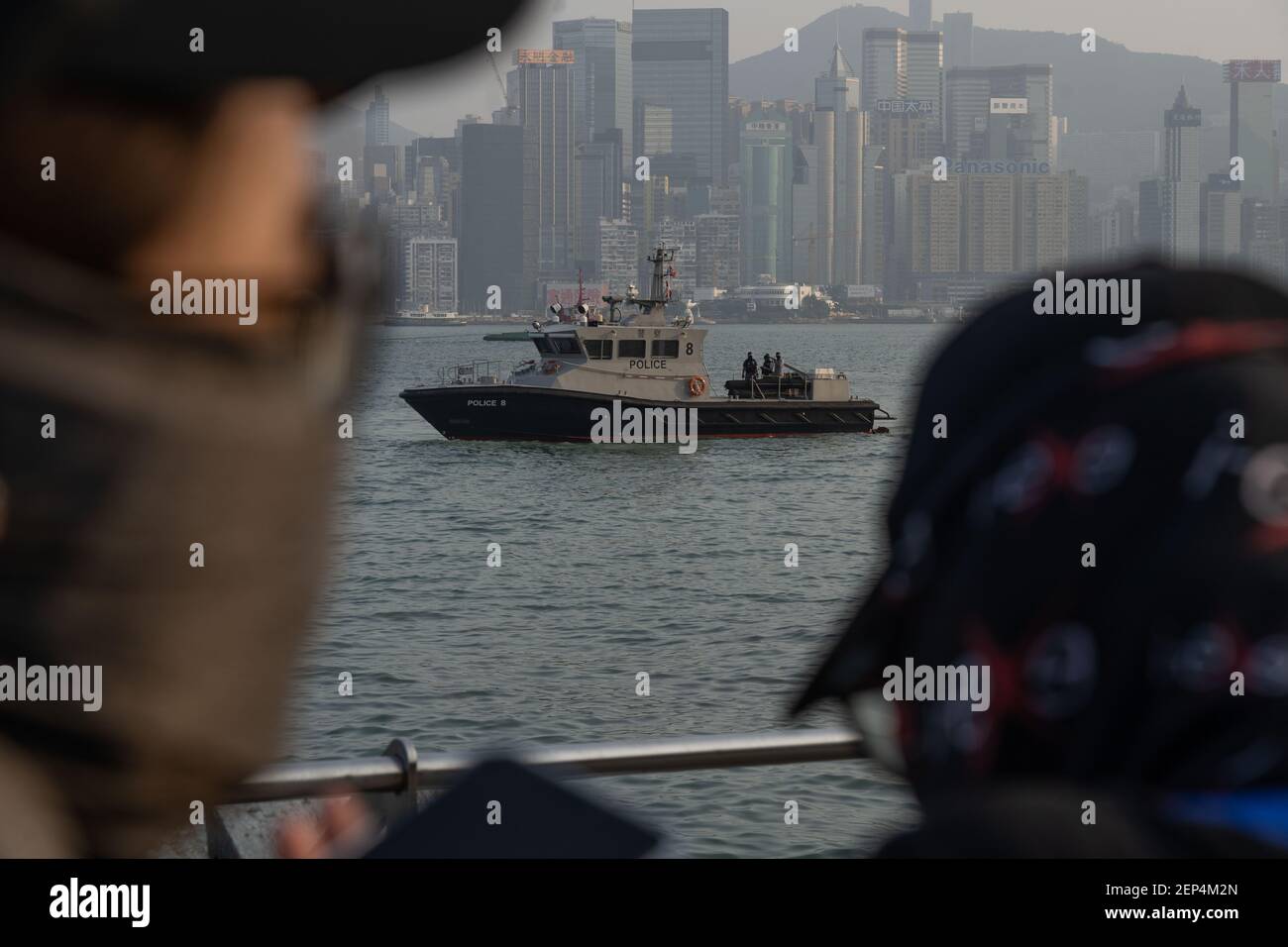 Police boat observing protesters during the demonstration. Hong Kong ...