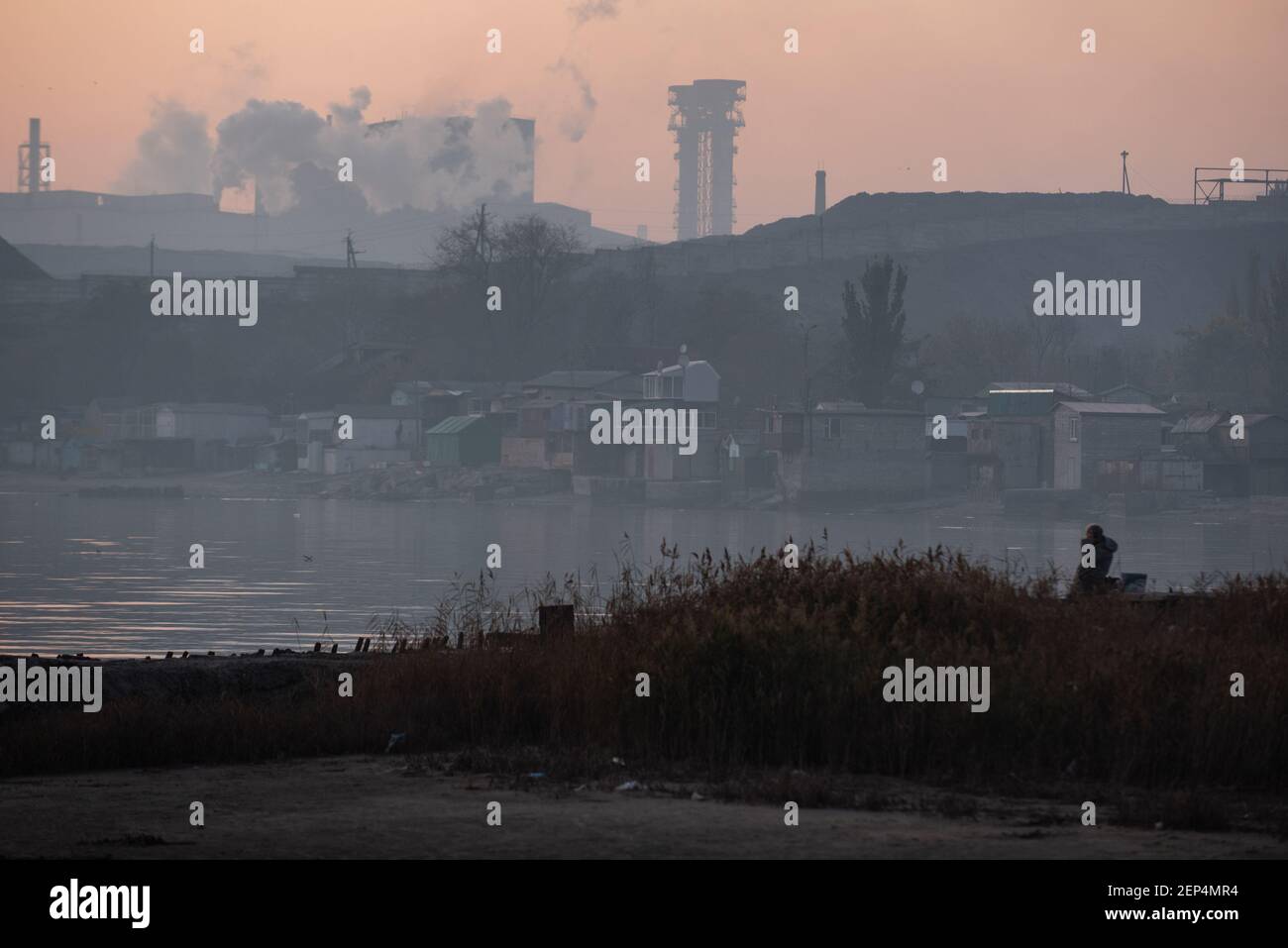 View of the Azov Stal steel plant in Mariupol. The two large ...