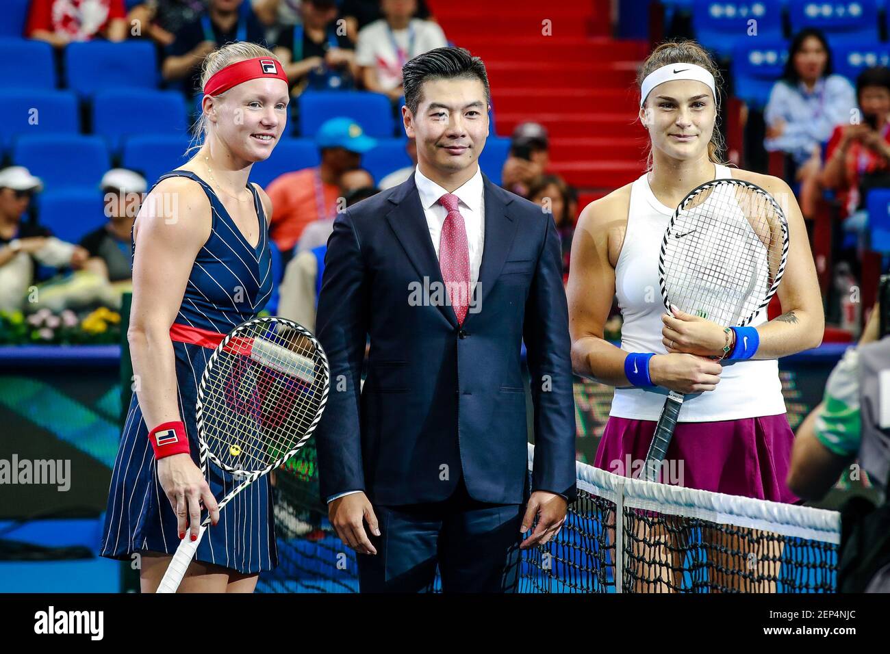 Aryna Sabalenka of Belarus, right, and Kiki Bertens of the Netherlands, left, pose before the ...