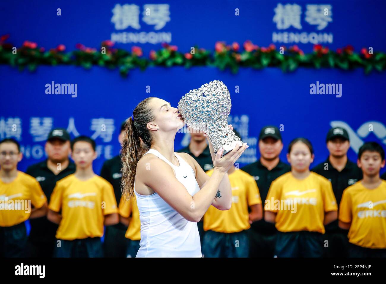 Aryna Sabalenka of Belarus kisses the champion trophy after defeating Kiki Bertens of the ...