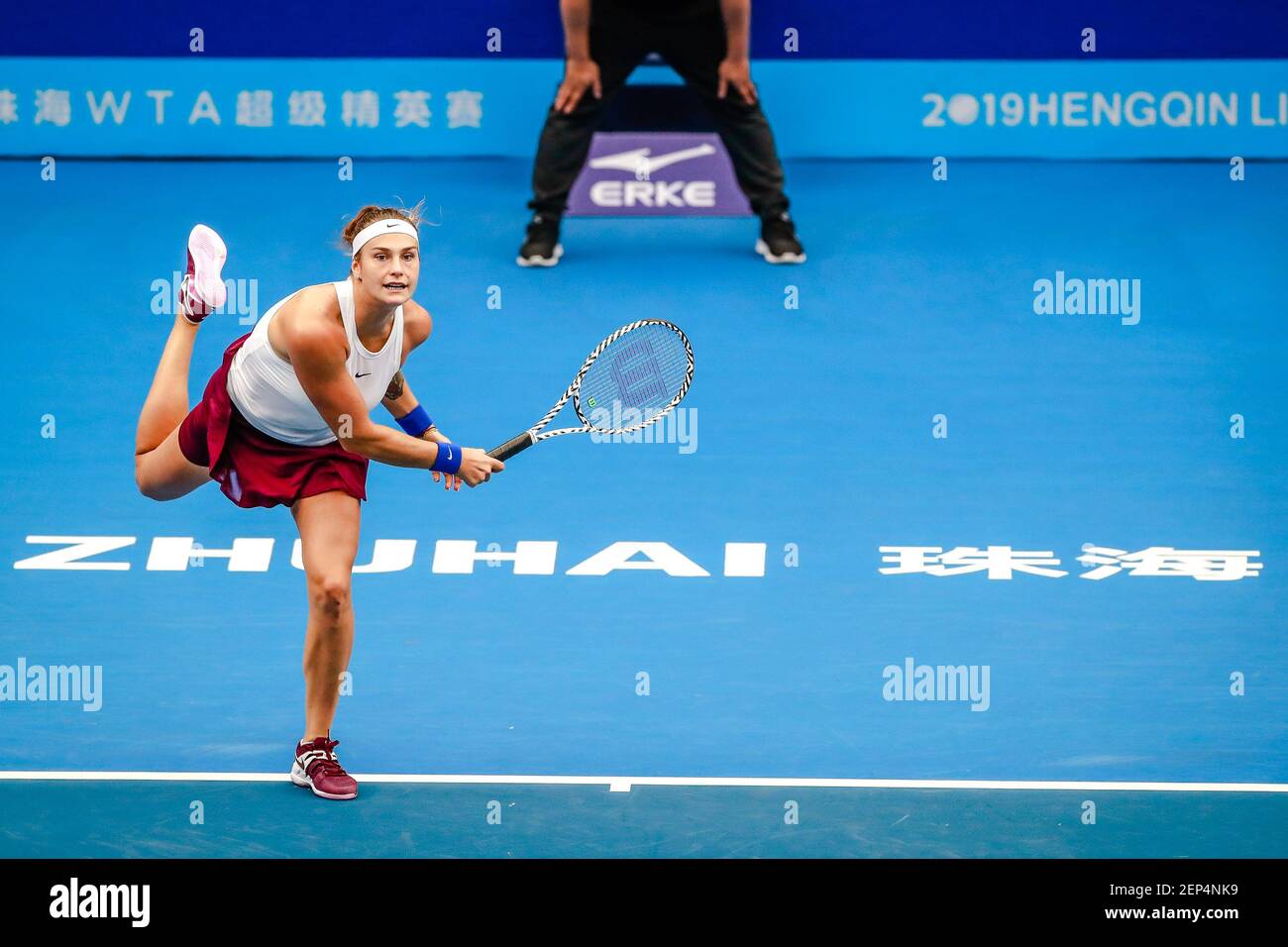 Aryna Sabalenka of Belarus serves against Kiki Bertens of the Netherlands during the women's ...