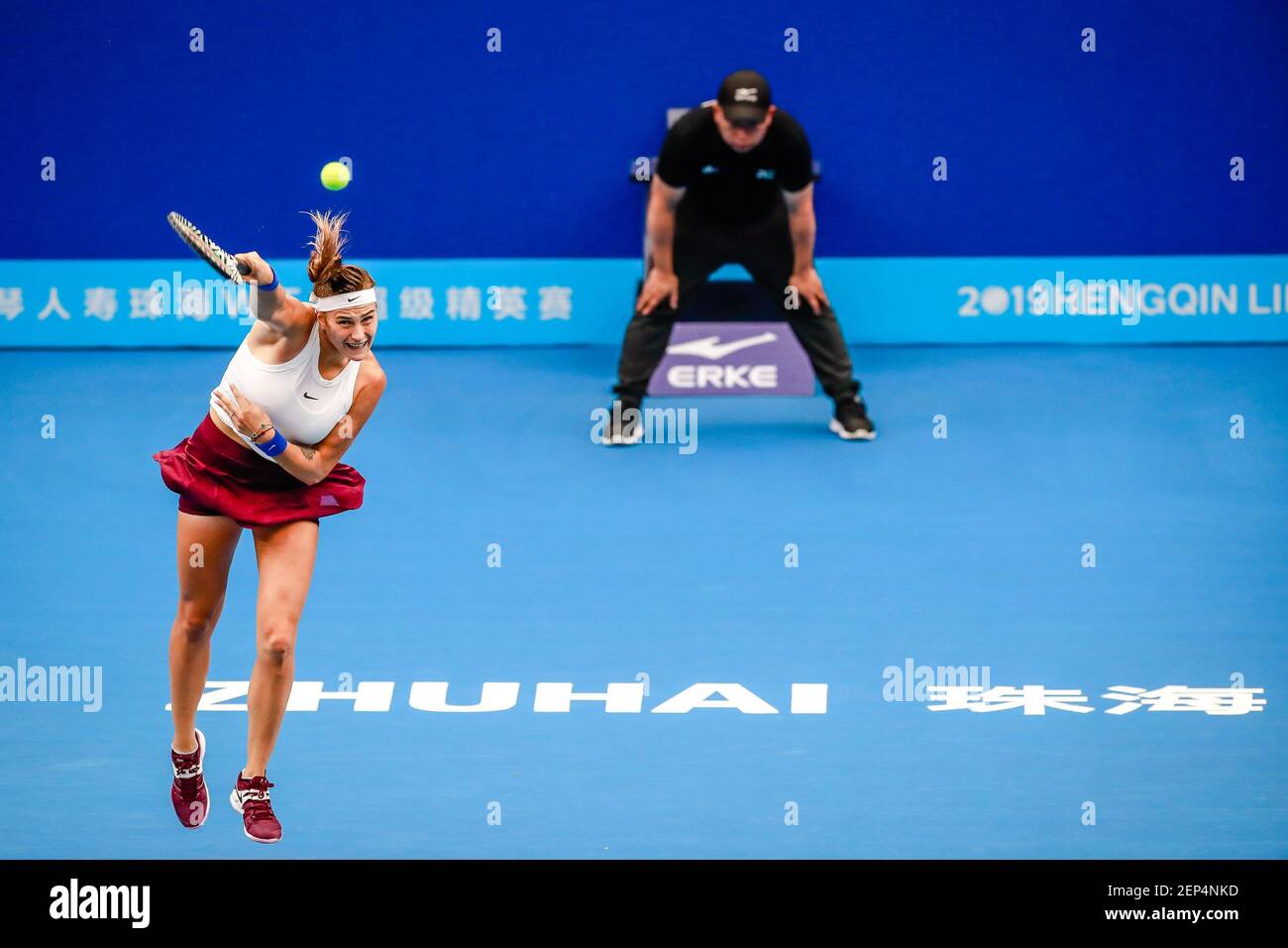 Aryna Sabalenka of Belarus serves against Kiki Bertens of the Netherlands during the women's ...