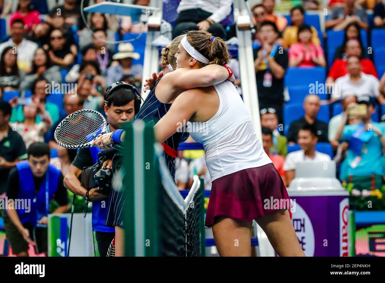 Aryna Sabalenka of Belarus, right, hugs Kiki Bertens of the Netherlands after defeating Kiki ...