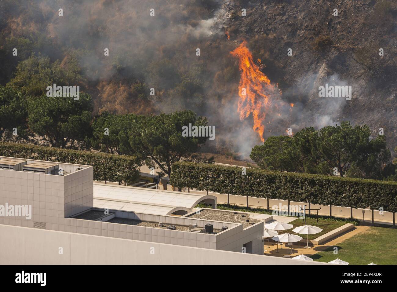 Getty Fire Burns in Los Angeles. A small brush fire burns in the hills ...