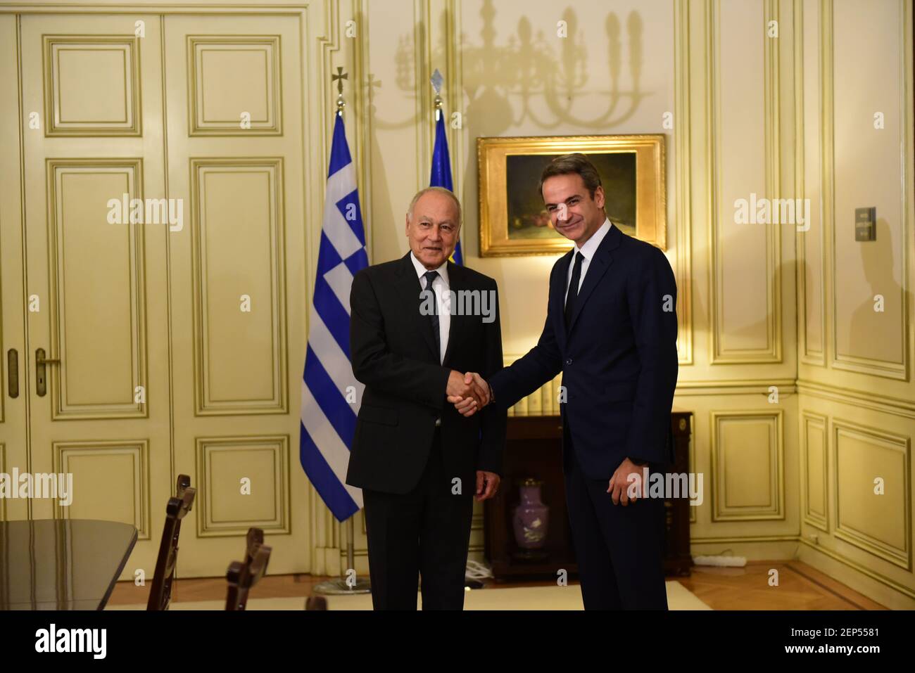 Handshake of General Secretary of the Arab Association Ahmed Aboul Gheit (left) with Greek Prime ...