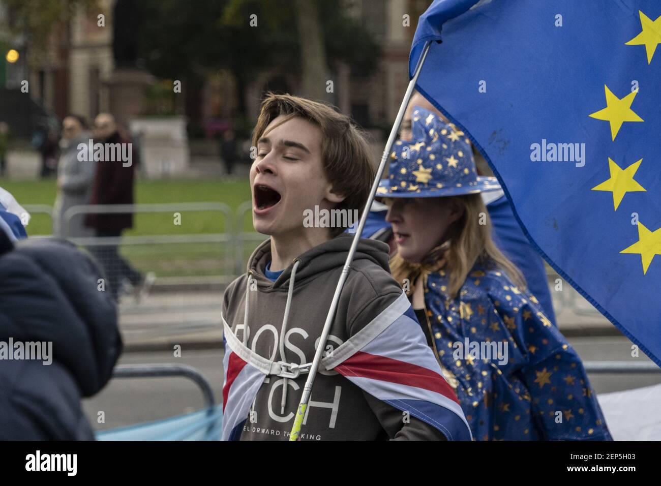 A young man shouts stop Brexit outside the House of Parliament. (Photo ...