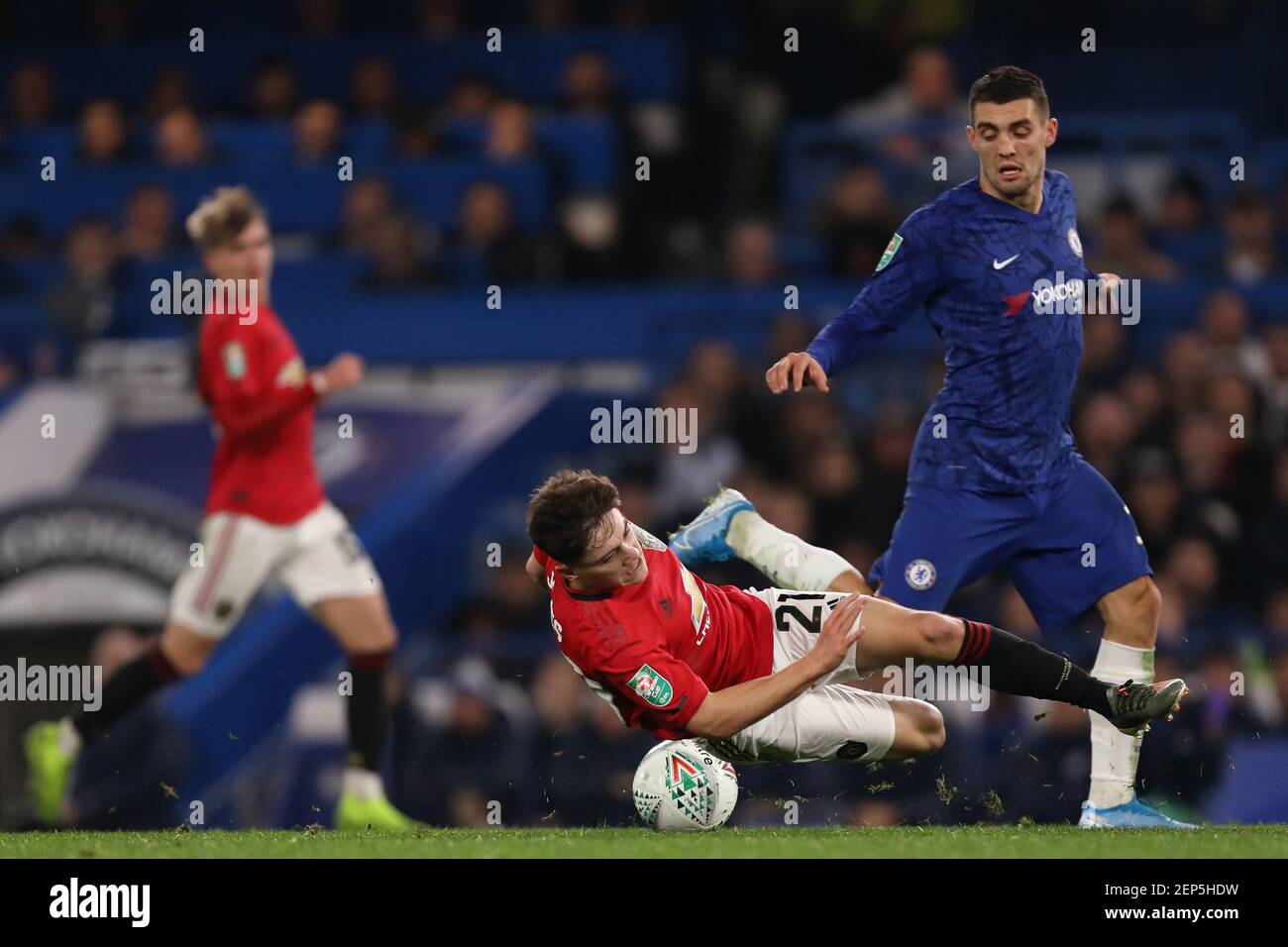 Daniel James of Manchester United and Mateo Kovacic of Chelsea are seen ...