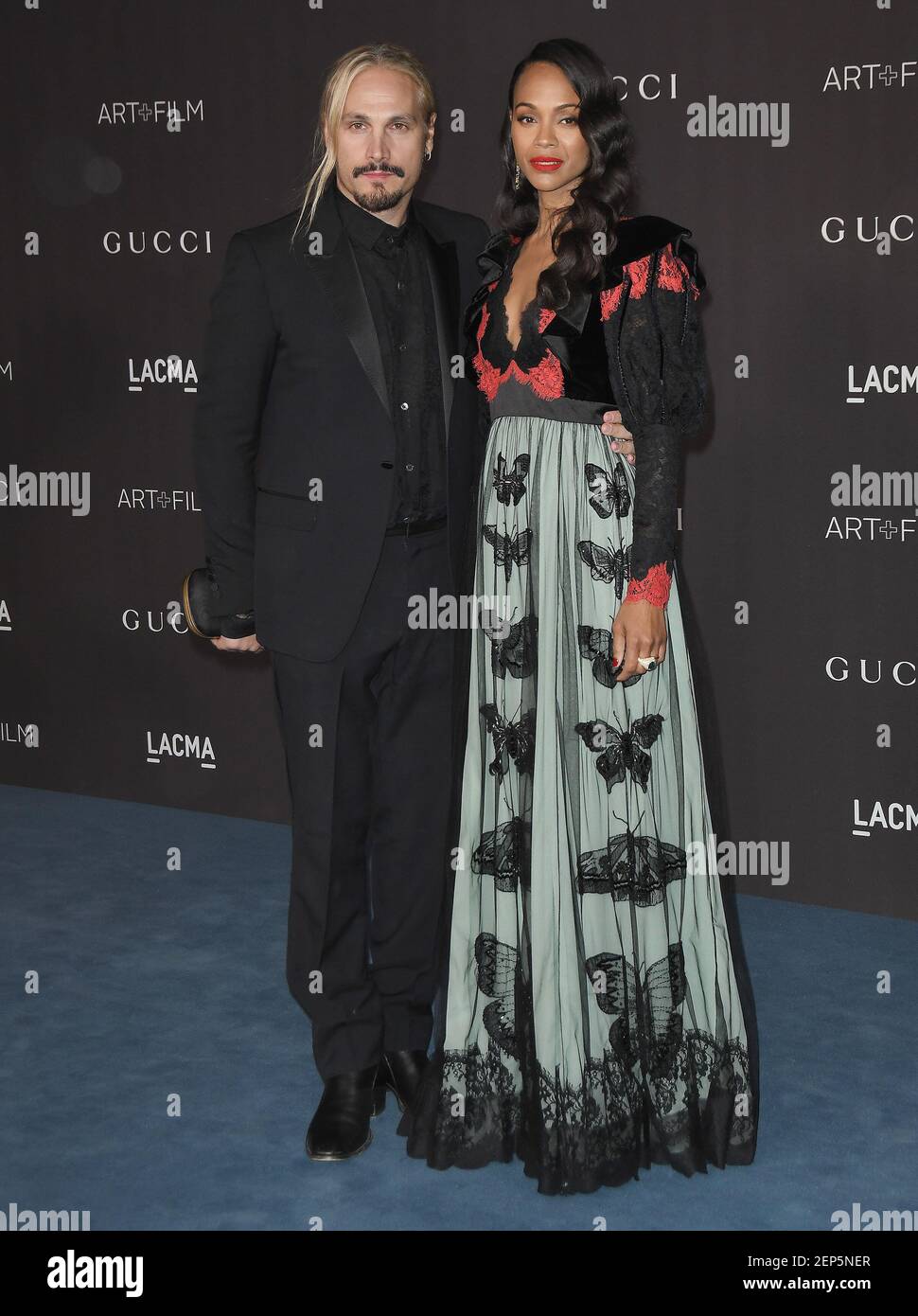 (L-R) Marco Perego and Zoe Saldana arrives at the 2019 LACMA Art + Film ...