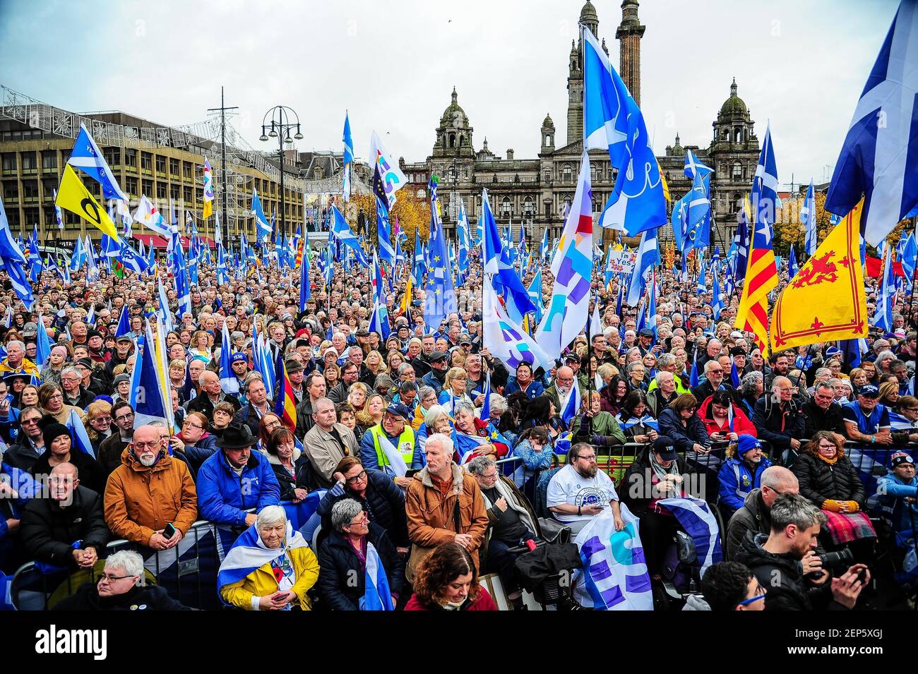 A close-up overview of independence supporters with their flags during ...