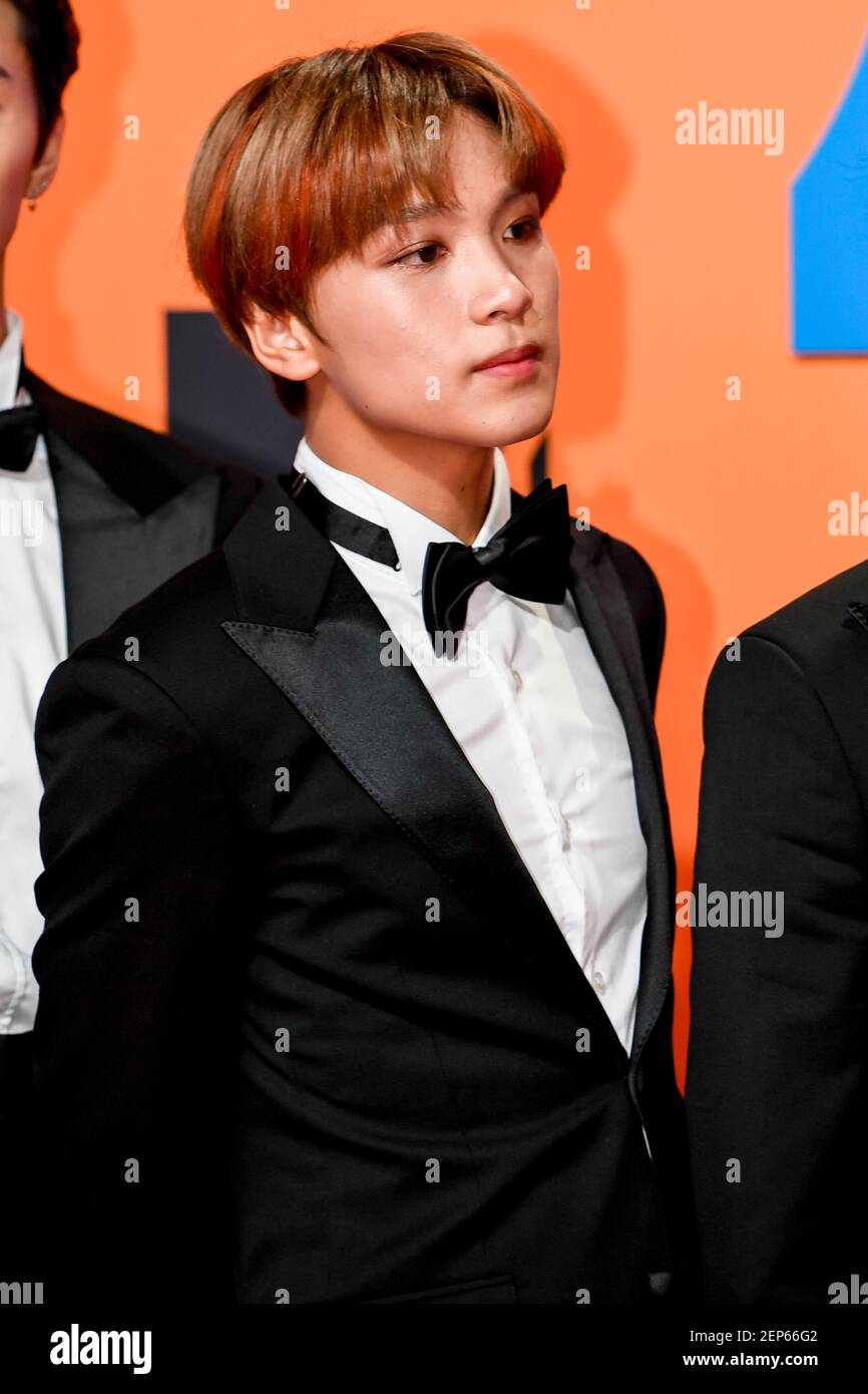 Johnny, Haechan, Mark, Jaehyun, Taeyong, Yuta, Taeil, and Doyoung of NCT 127 during the MTV ...