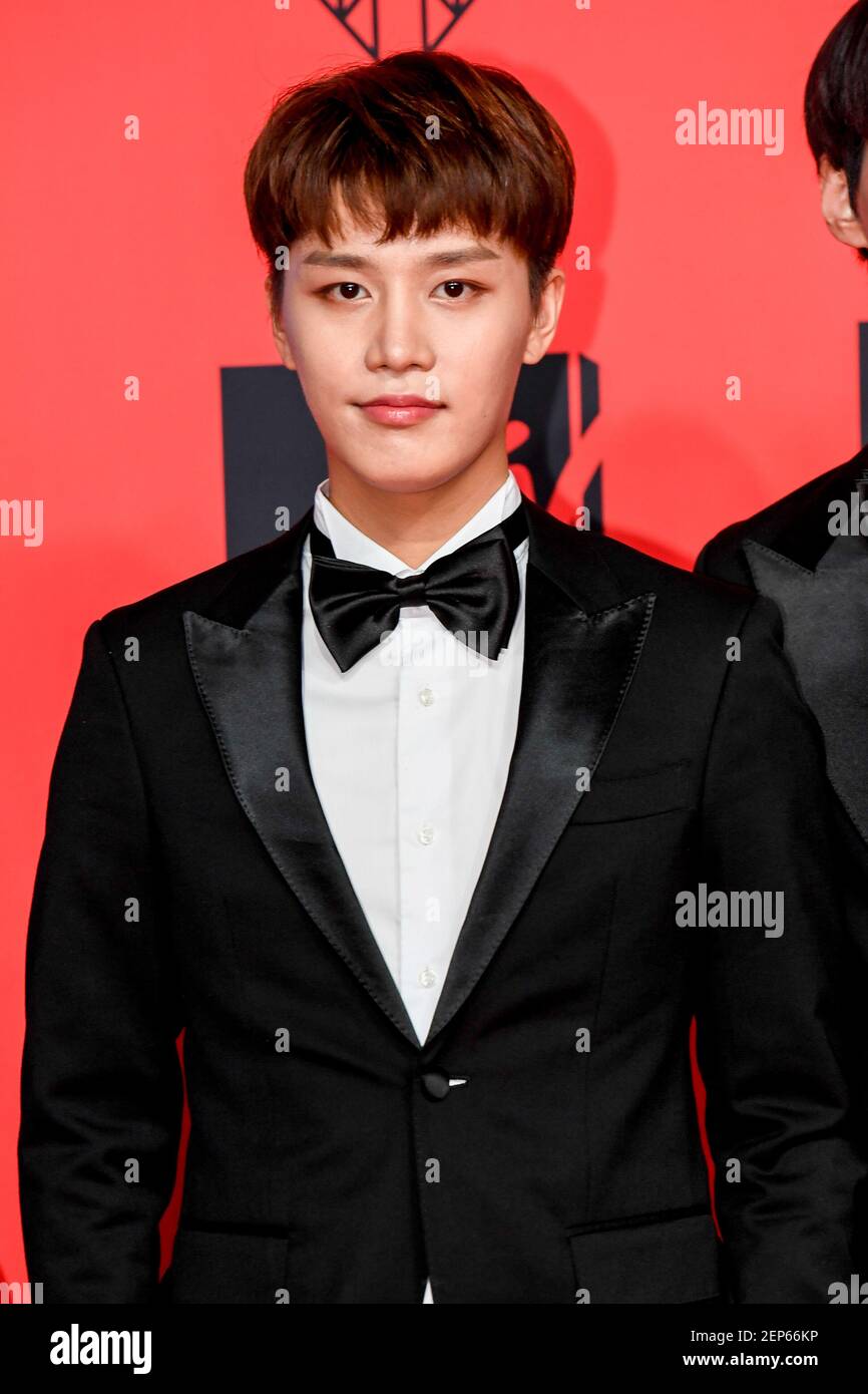 Johnny, Haechan, Mark, Jaehyun, Taeyong, Yuta, Taeil, and Doyoung of NCT 127 during the MTV ...