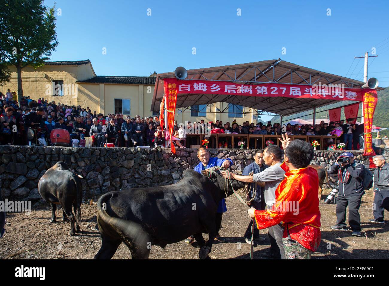 People control a bull at the 27th Bull Fight Competition in Houshu ...