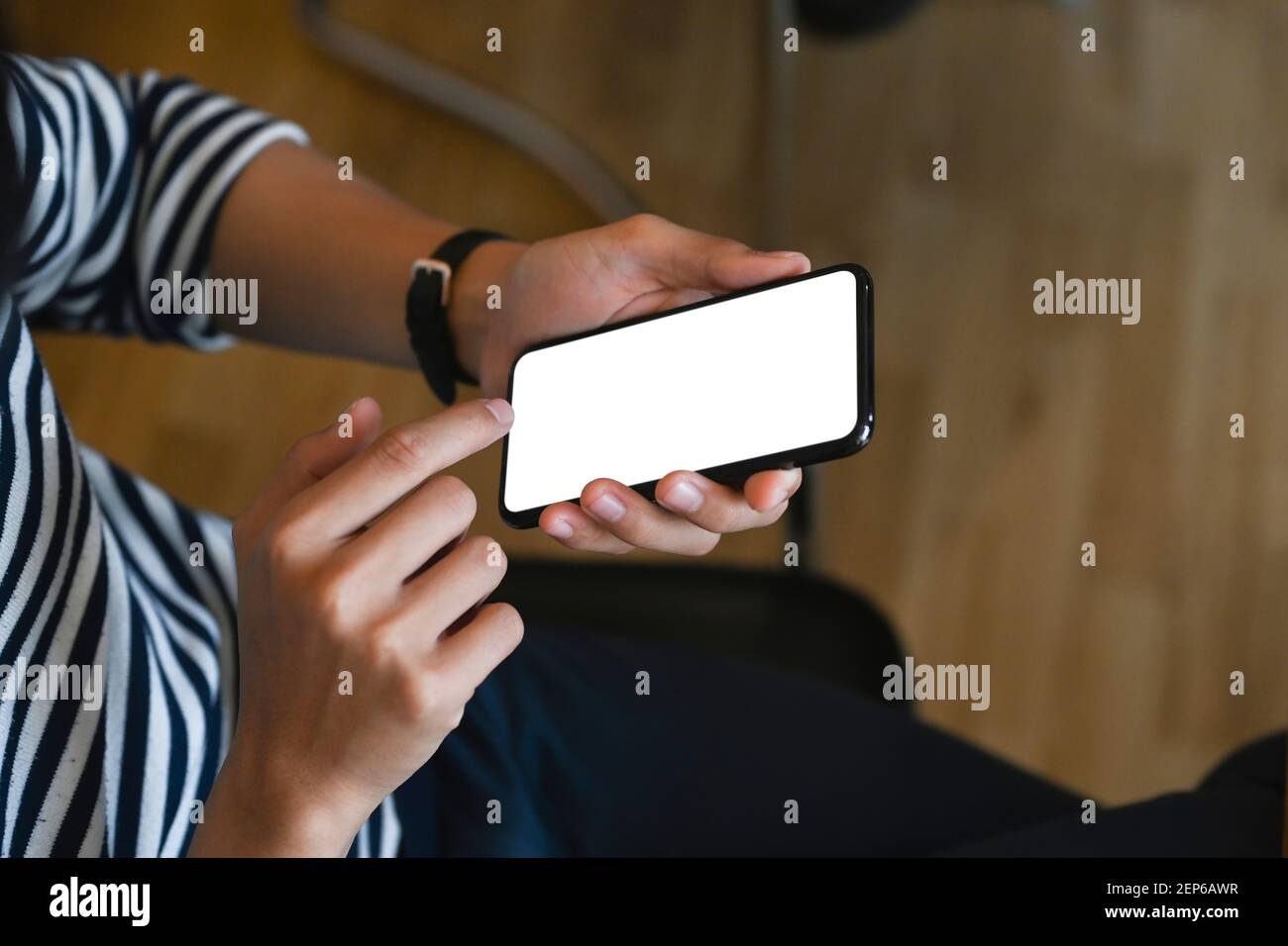 Close up view of young man hand pointing on screen of smart phone Stock ...