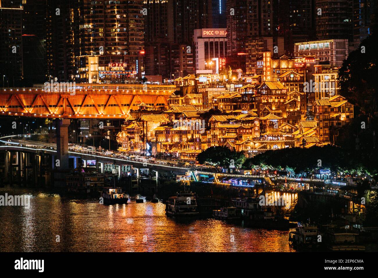 A wonderful night view of Hongya Cave, a ancient architecture on the ...