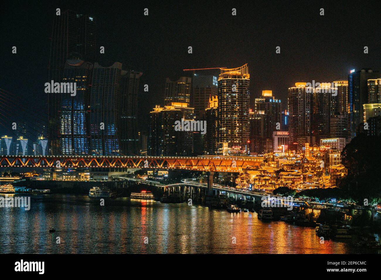 A wonderful night view of Hongya Cave, a ancient architecture on the ...