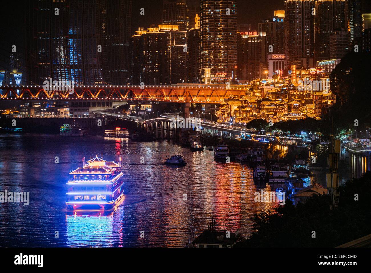 A wonderful night view of Hongya Cave, a ancient architecture on the ...