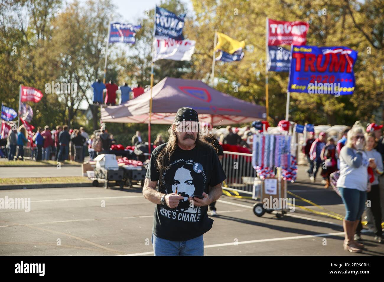A Trump supporter wears a t-shirt with a photo of Charles Manson during ...