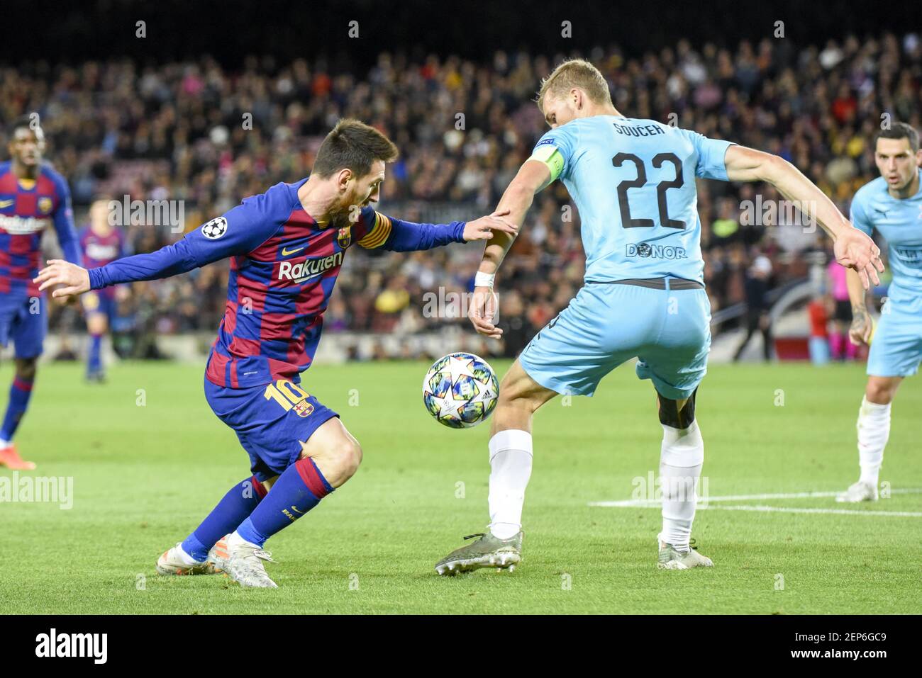 Lionel Messi of Barcelona and Tomas Soucek of Slavia during the UEFA ...