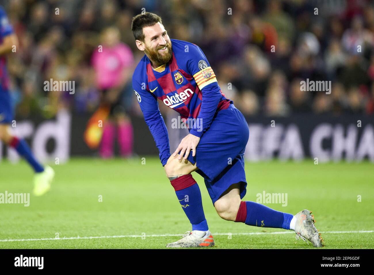 Lionel Messi of Barcelona after foul during the UEFA Champions League ...