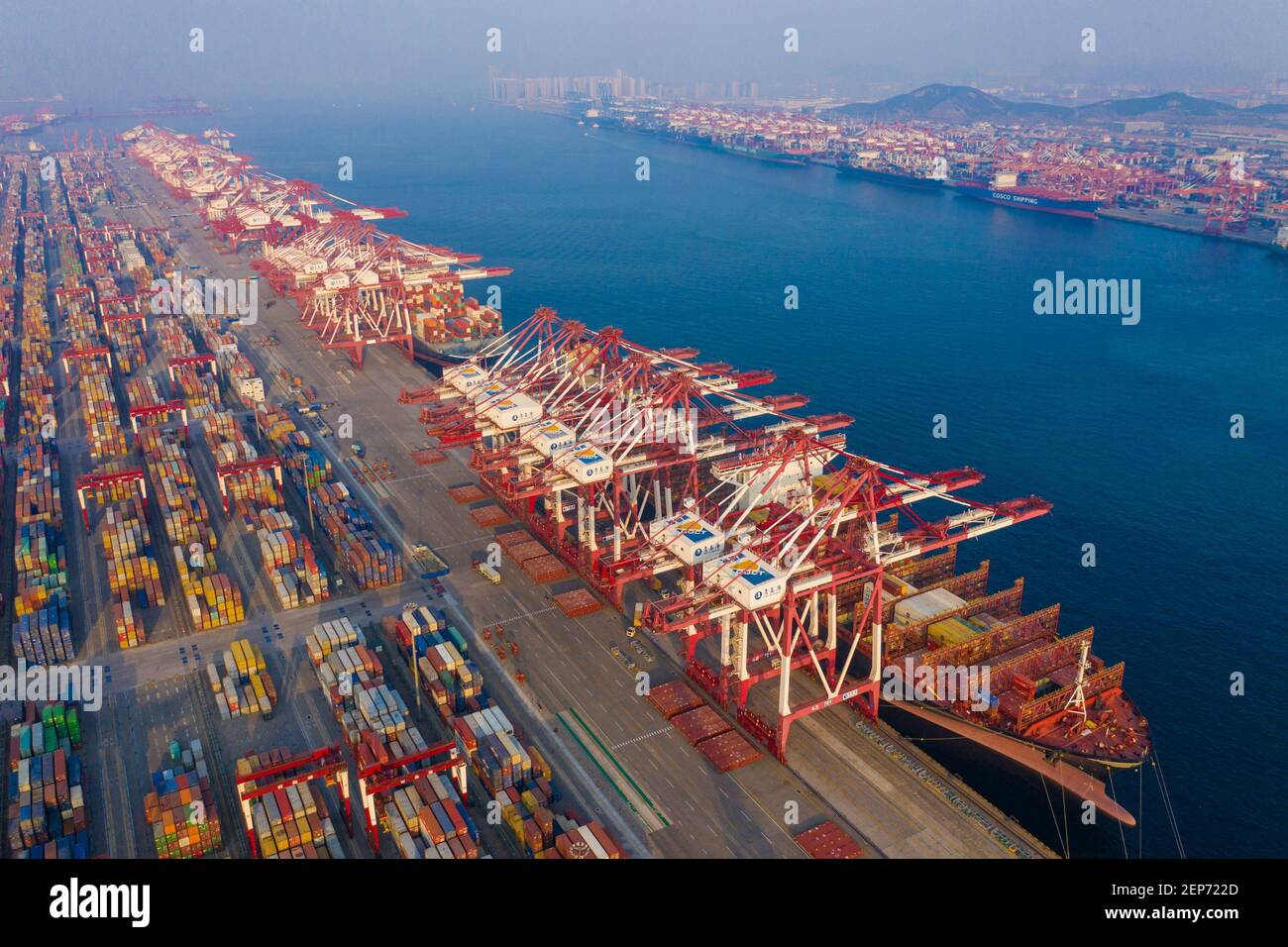 An aerial view of colorful containers to be loaded on vessels for ...