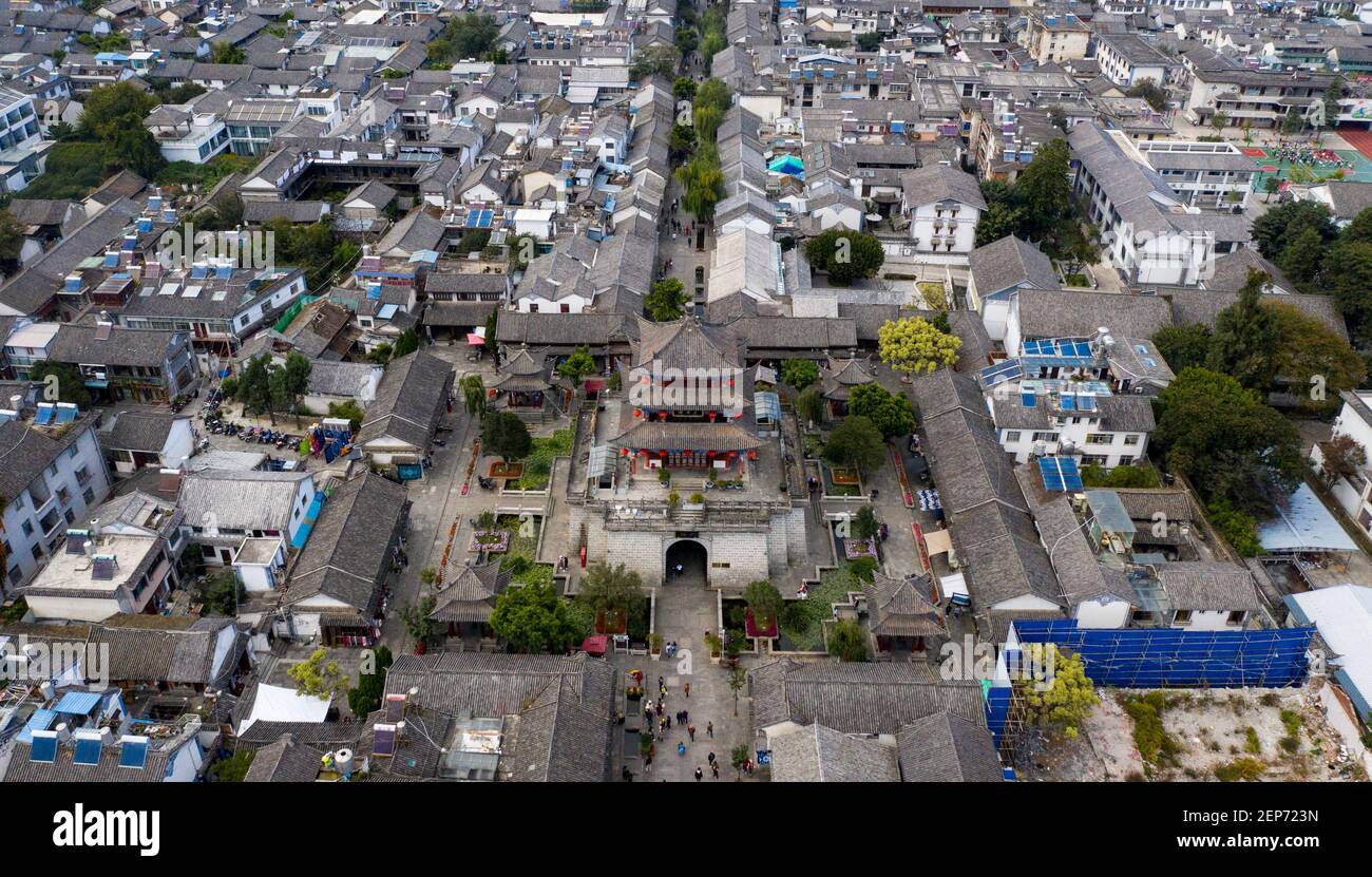 This aerial view shows Dali Ancient Town in Dali City, Dali Bai ...