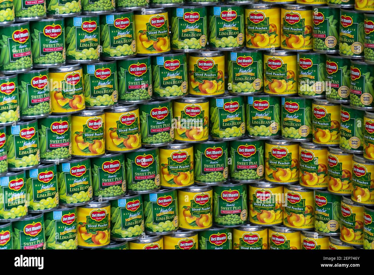 A display of Del Monte brand Sliced Peaches and peas cans in New York ...