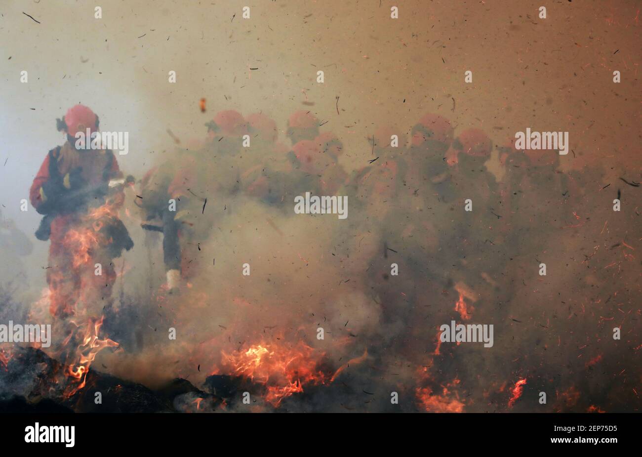 In this unlocated photo, Forest Fire Brigade of Gansu province practices forest fire control and ...