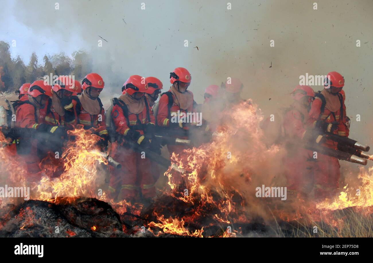 In this unlocated photo, Forest Fire Brigade of Gansu province ...