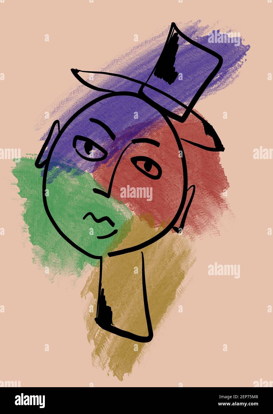 Drawn face of a person on beige background with multicolour spots. High ...