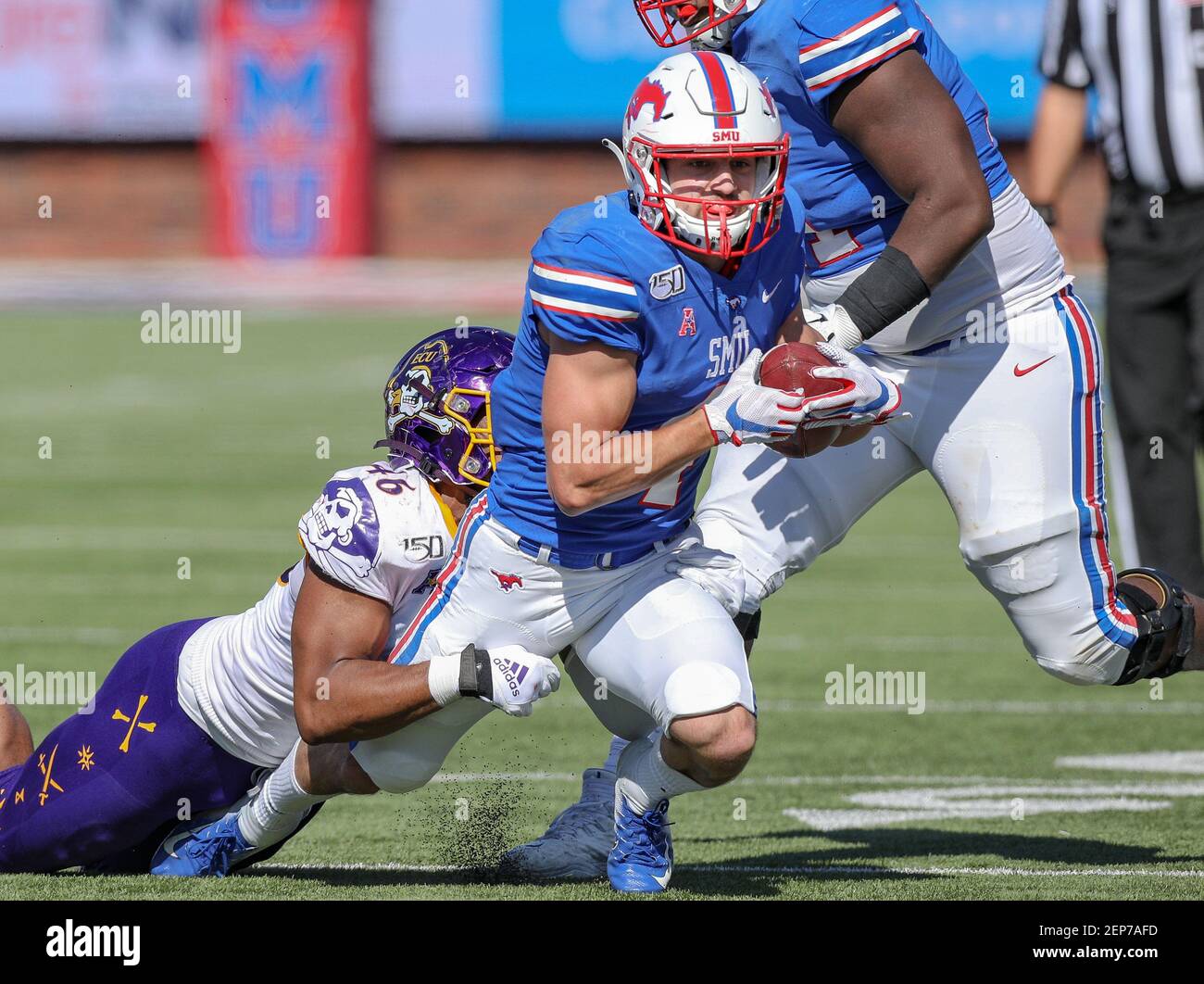 November 9, 2019: SMU's Tyler Page #4 is tackled after catching a pass ...