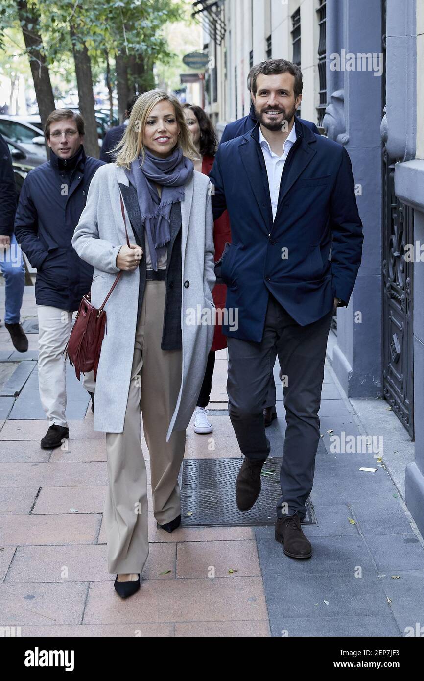 Pablo Casado and his wife Isabel Torres are seen during the Partido ...
