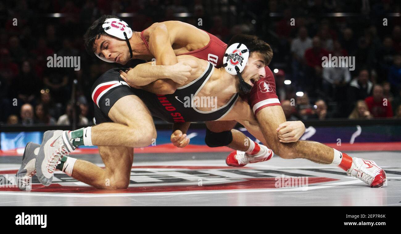 Ohio State Buckeyes Quinn Kinner (black) wrestles Stanford Cardinals ...