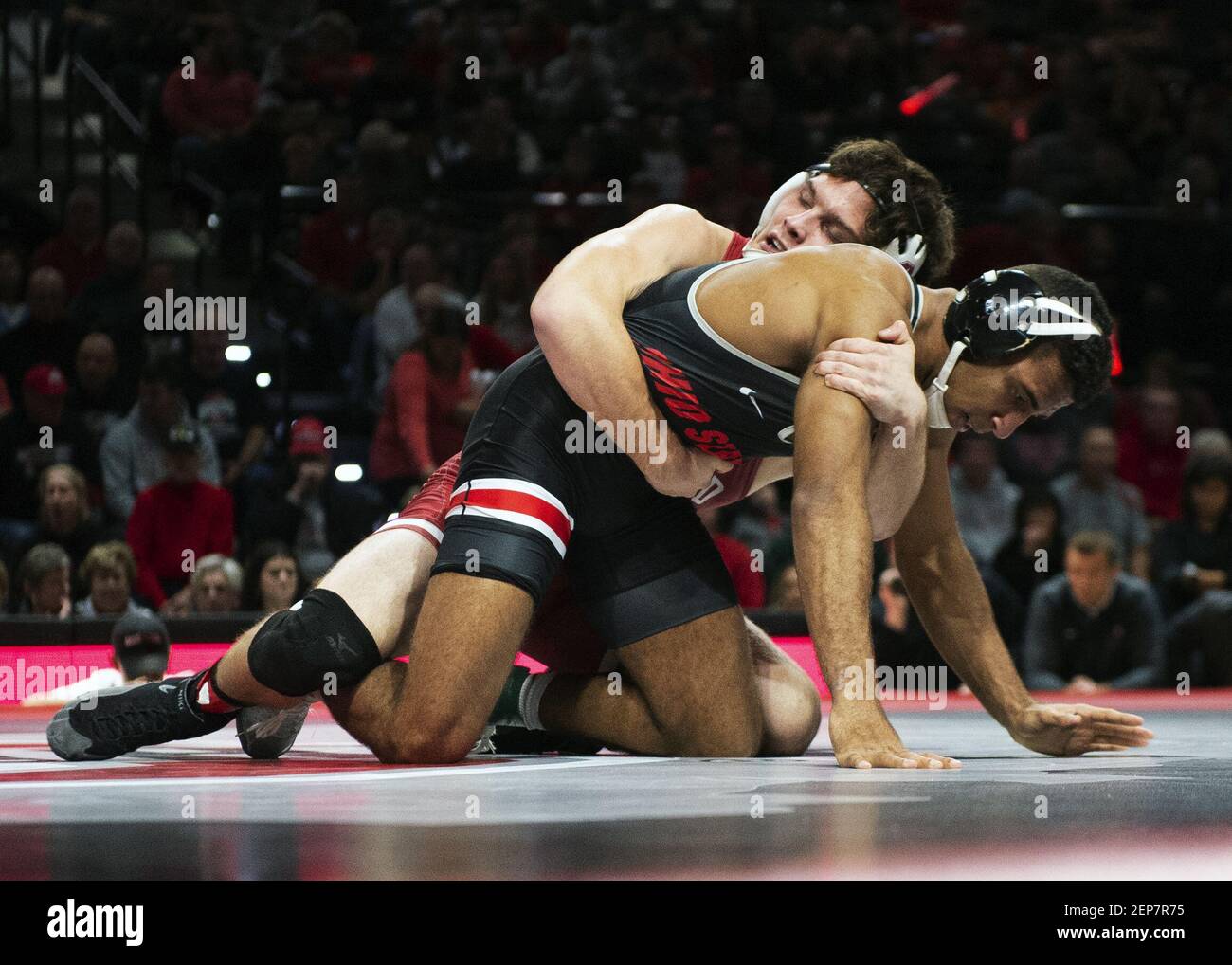 Stanford Cardinals Tyler Eischens (red) wrestles against Ohio State ...