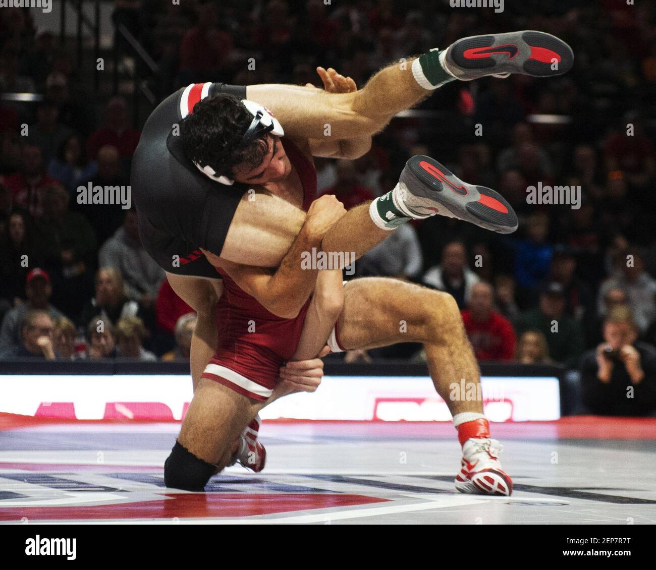 Ohio State Buckeyes Quinn Kinner (black) wrestles Stanford Cardinals ...