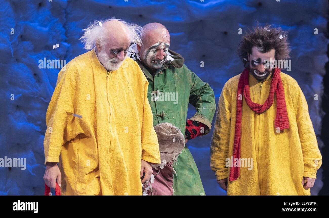 Clown artist Slava Polunin (L) and cast members on stage during of ...