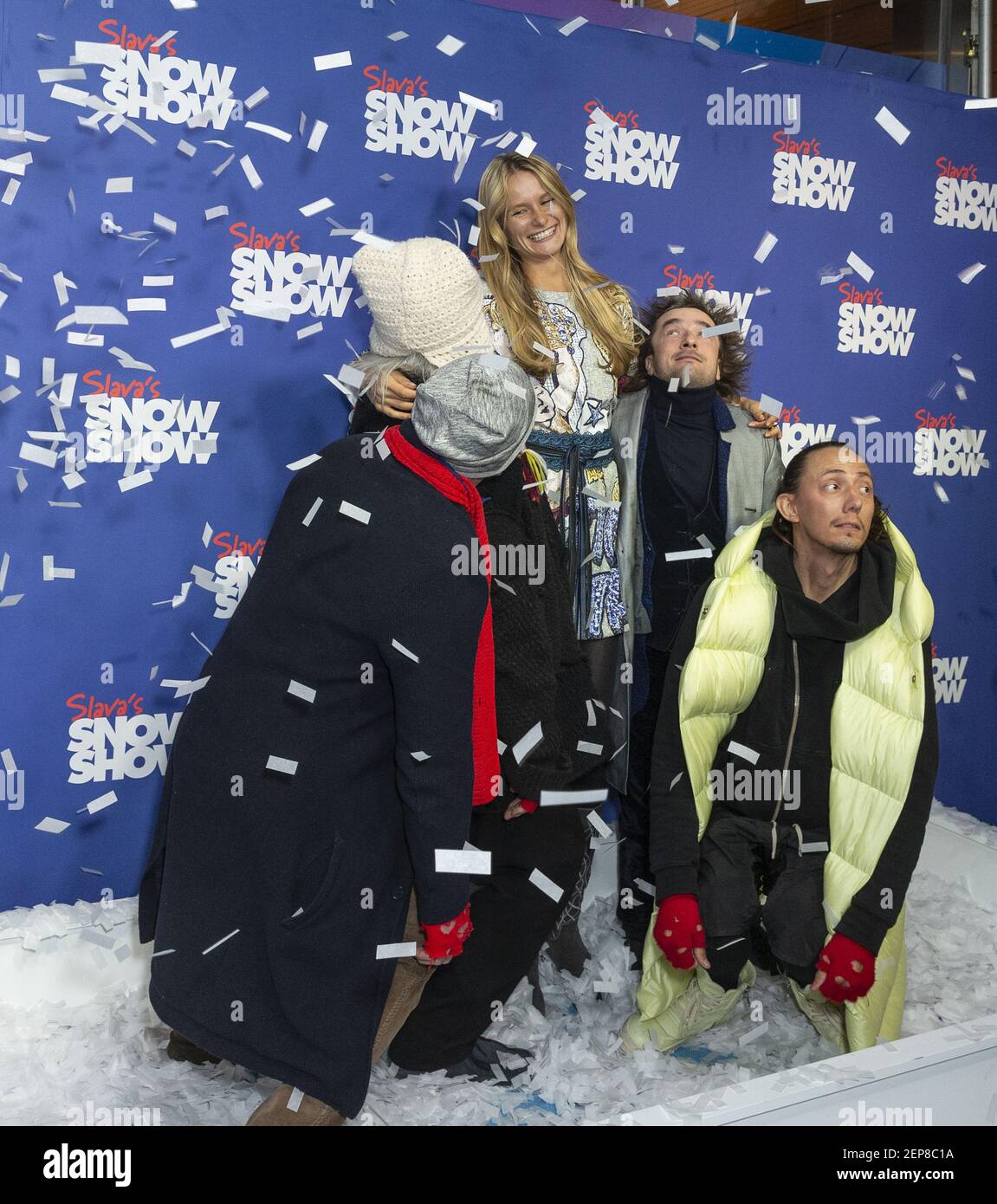Elena Kurnosova (C) and cast members attend Slava's Snowshow opening ...