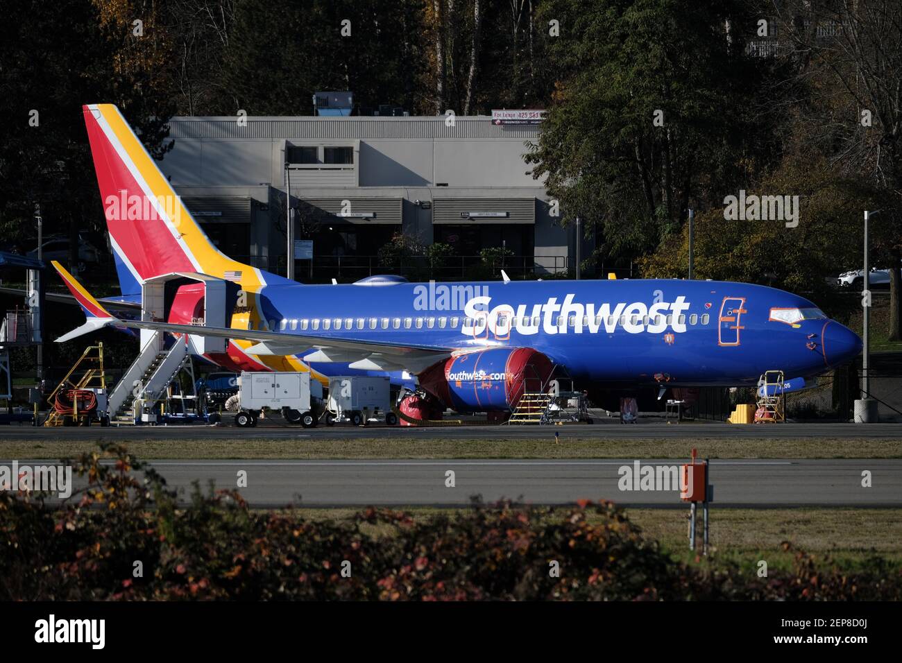 A Southwest Airlines 737 Max jet is parked at the municipal airport in ...